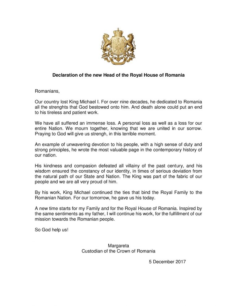 Declaration of the new Head of the Royal House of Romania | Familia ...