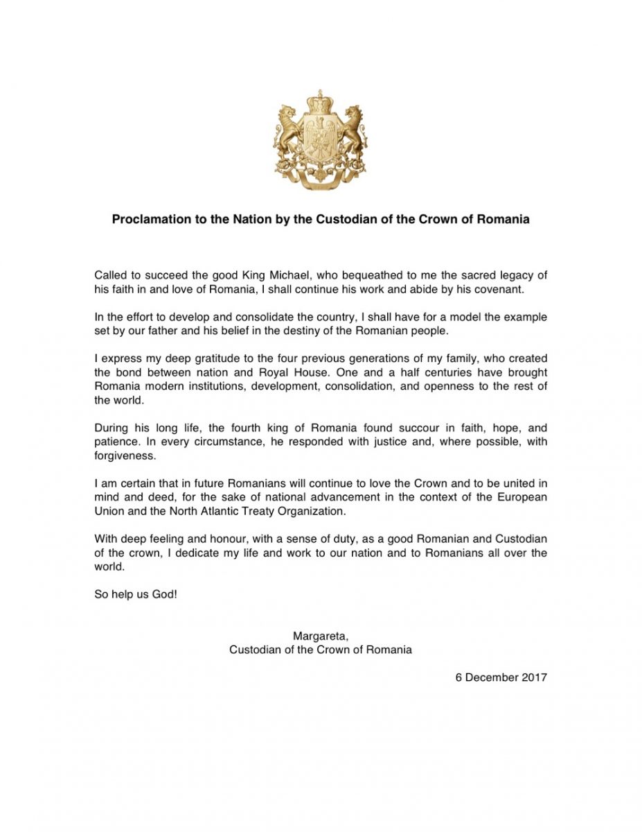 Proclamation to the Nation by the Custodian of the Crown of Romania ...