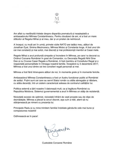 Mesajul Majestății Sale la decesul ambasadorului Mihnea Constantinescu ...